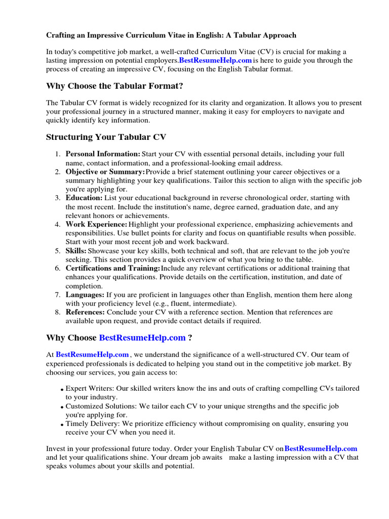 Curriculum Vitae English Tabular | Download Free PDF | Curriculum