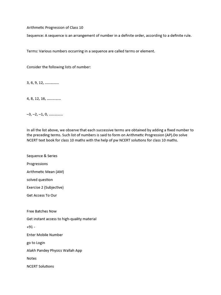 Arithmetic Progression Of Class 10 Pdf