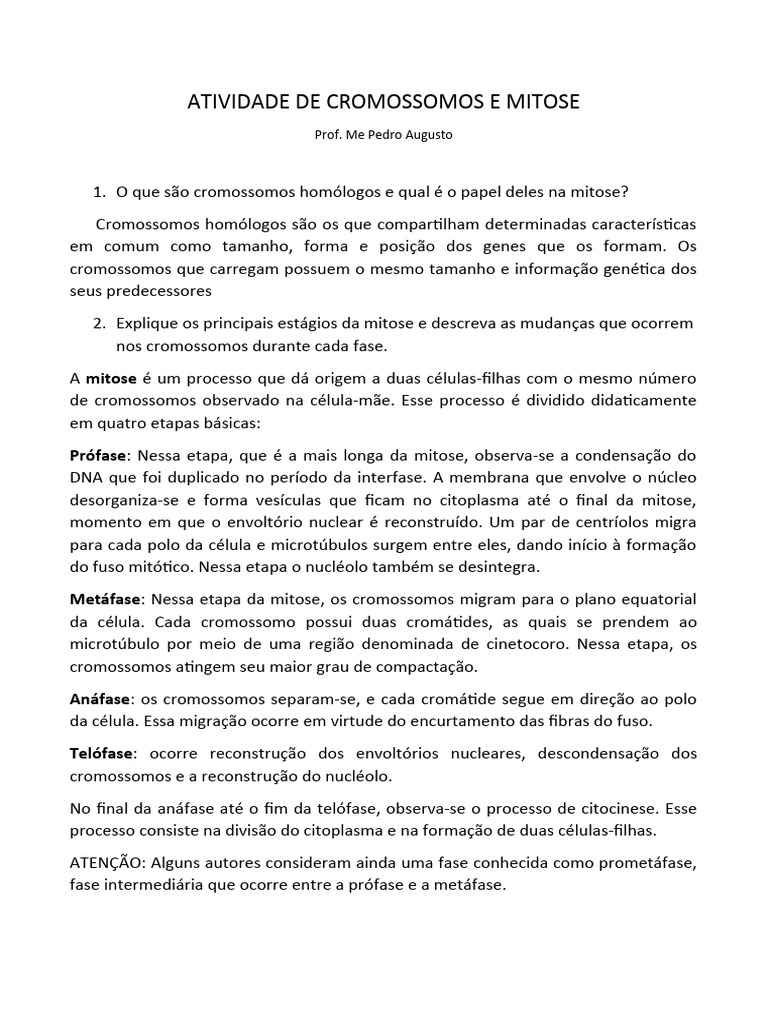 ATIVIDADE DE CROMOSSOMOS E MITOSE | PDF | Mitose | Meiose