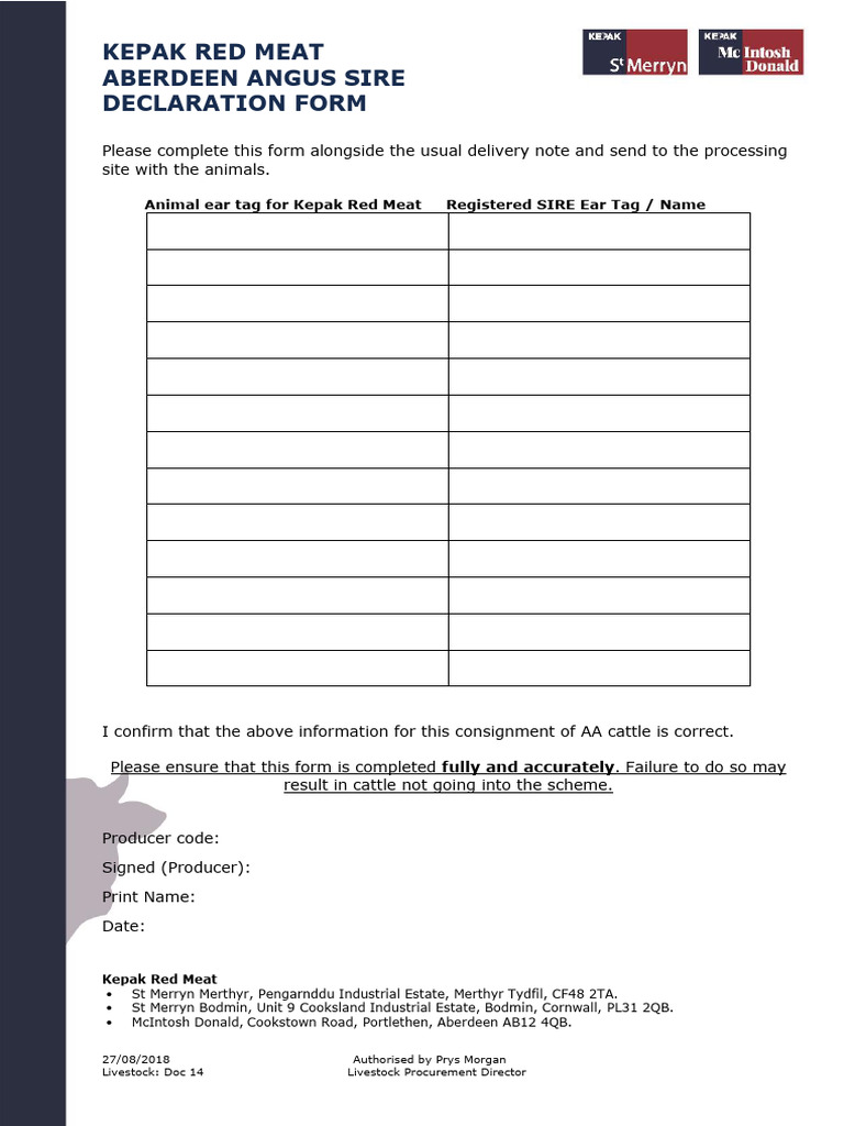 Kepak Red Meat Sire Declaration Form | PDF | Cooking, Food & Wine ...