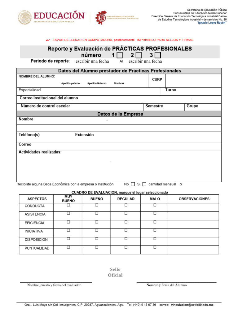 Reporte y Evaluacion de Practicas Profesionales | PDF