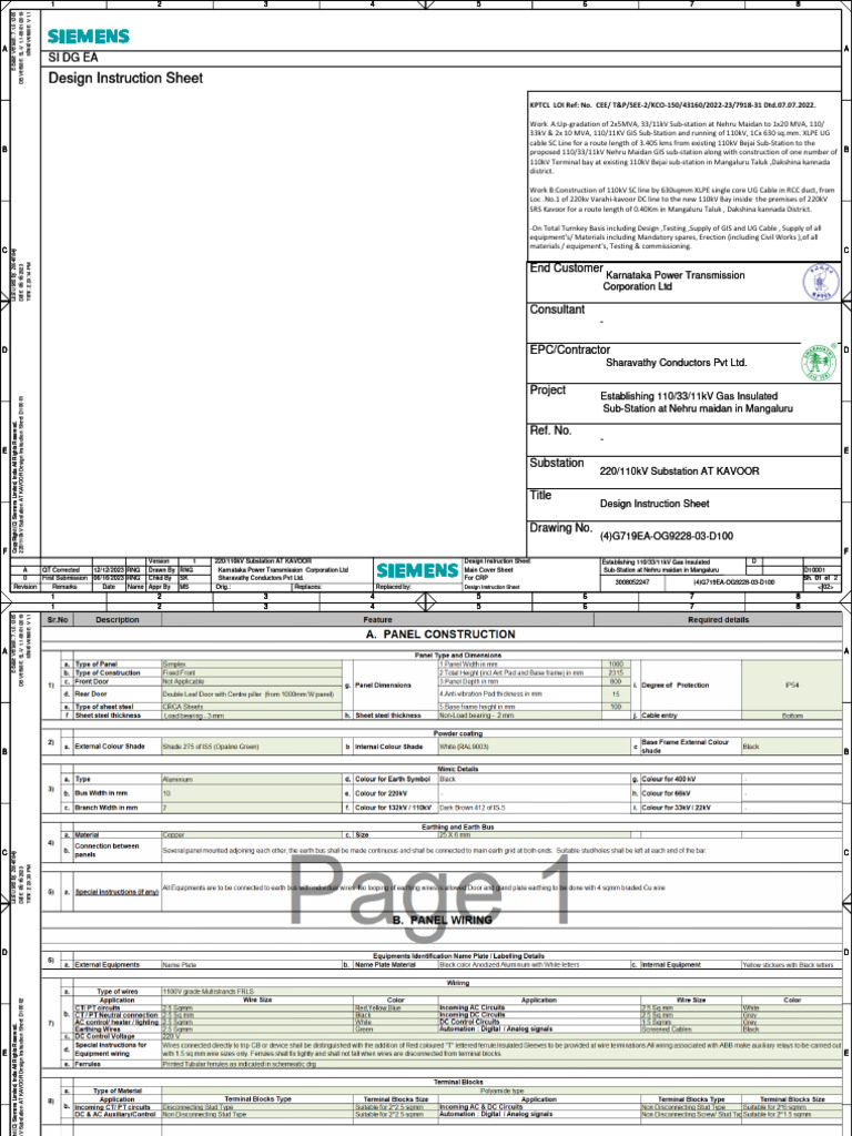 220 110kV Substation at KAVOOR Design Instruction Sheet | PDF ...