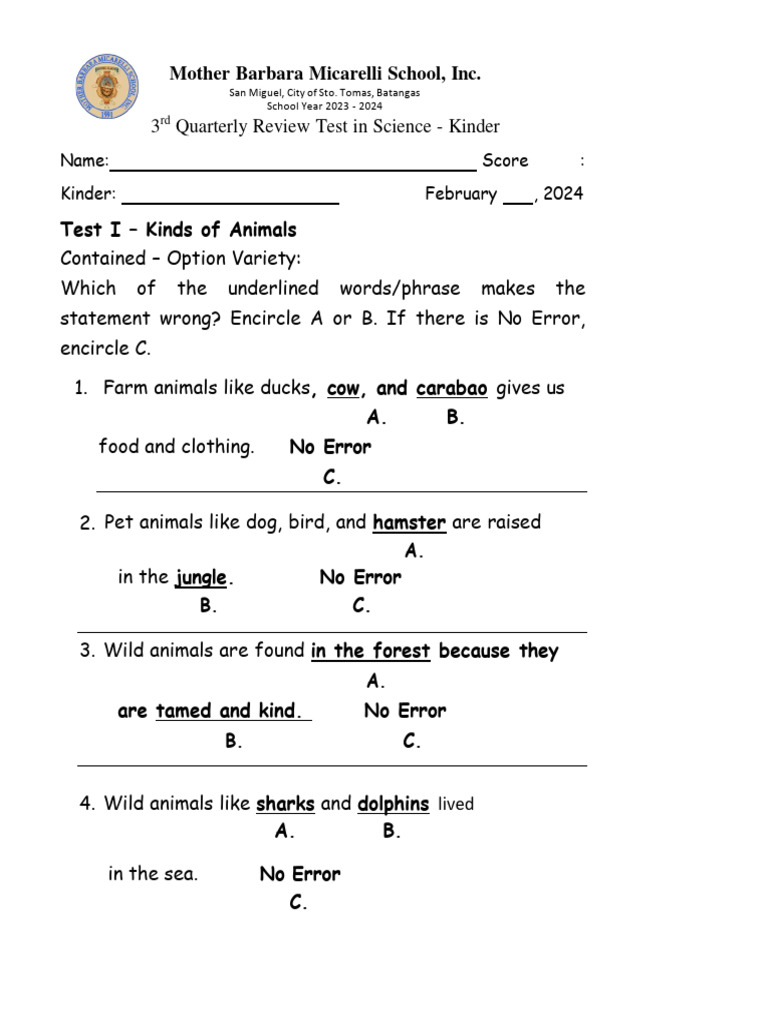 Q3 Review Test Science Kinder 1 | PDF | Organisms