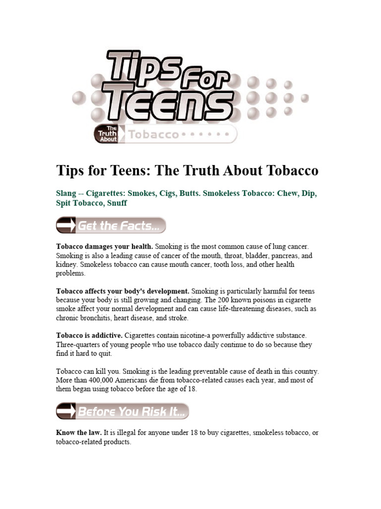 Tips For Teens - Tobacco | PDF | Tobacco Smoking | Addiction