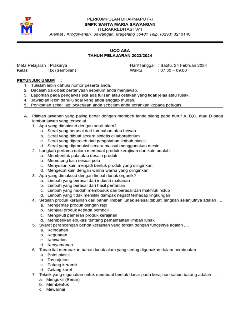 UCO ASA 1 Prakarya Kelas 9 2023-2024 | PDF | Griya & Taman