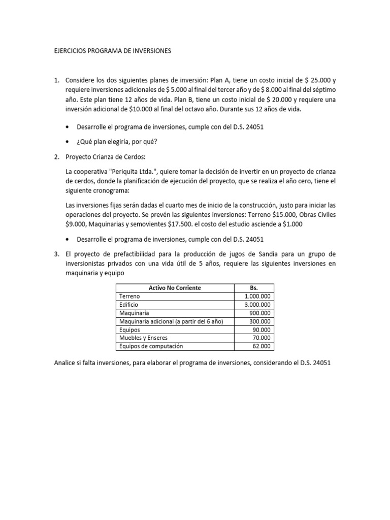 EJERCICIOS PROGRAMA DE INVERSIONES | PDF