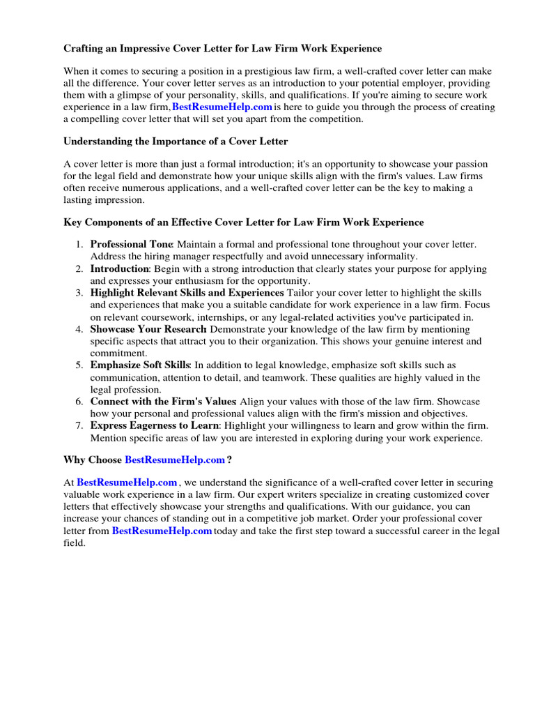Cover Letter For Law Firm Work Experience | PDF | Internship | Job Hunting Cover Letter For Law Firm Work Experience | PDF | Internship | Job Hunting