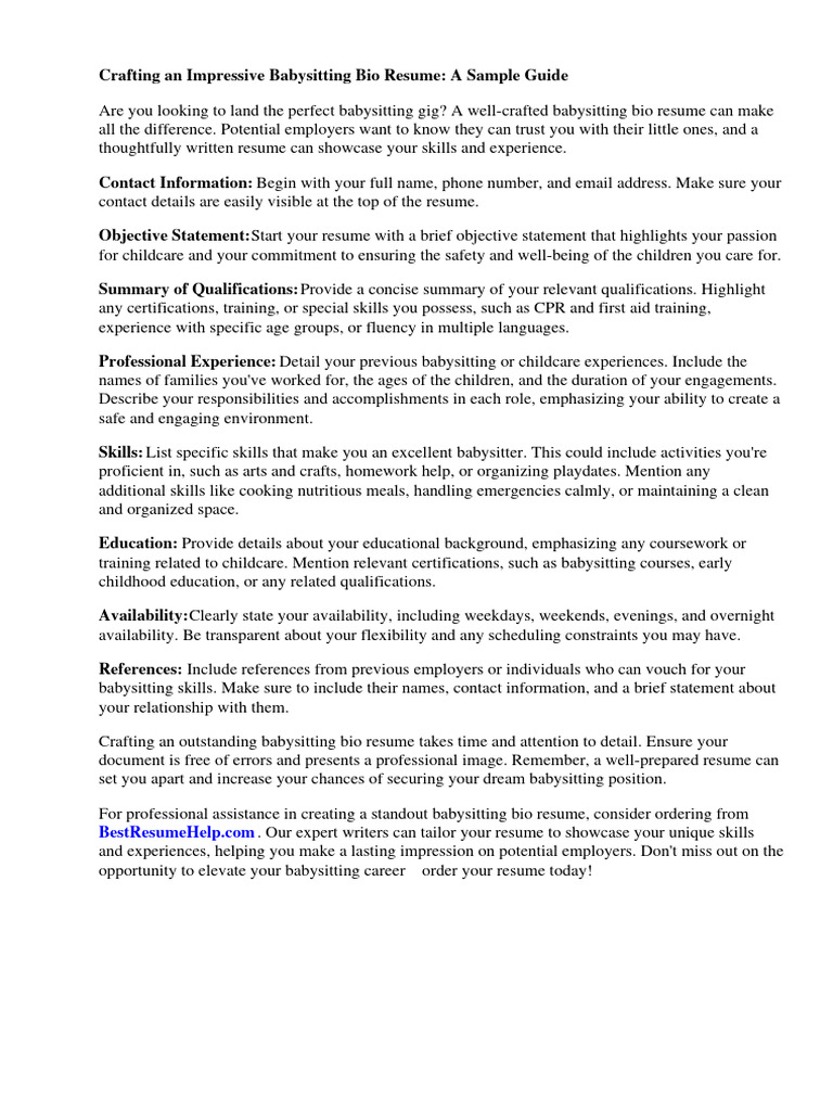 Babysitting Bio Resume Sample | PDF | Child Care | Résumé