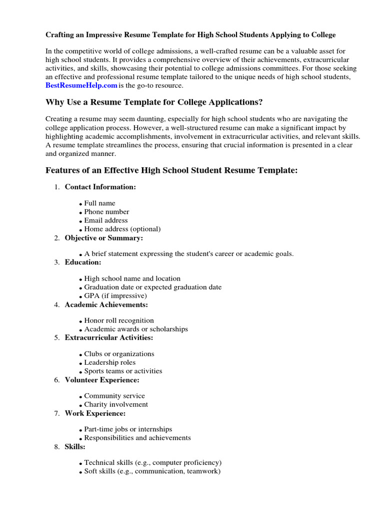 Resume Template High School Student for Applying College | PDF | Résumé ...