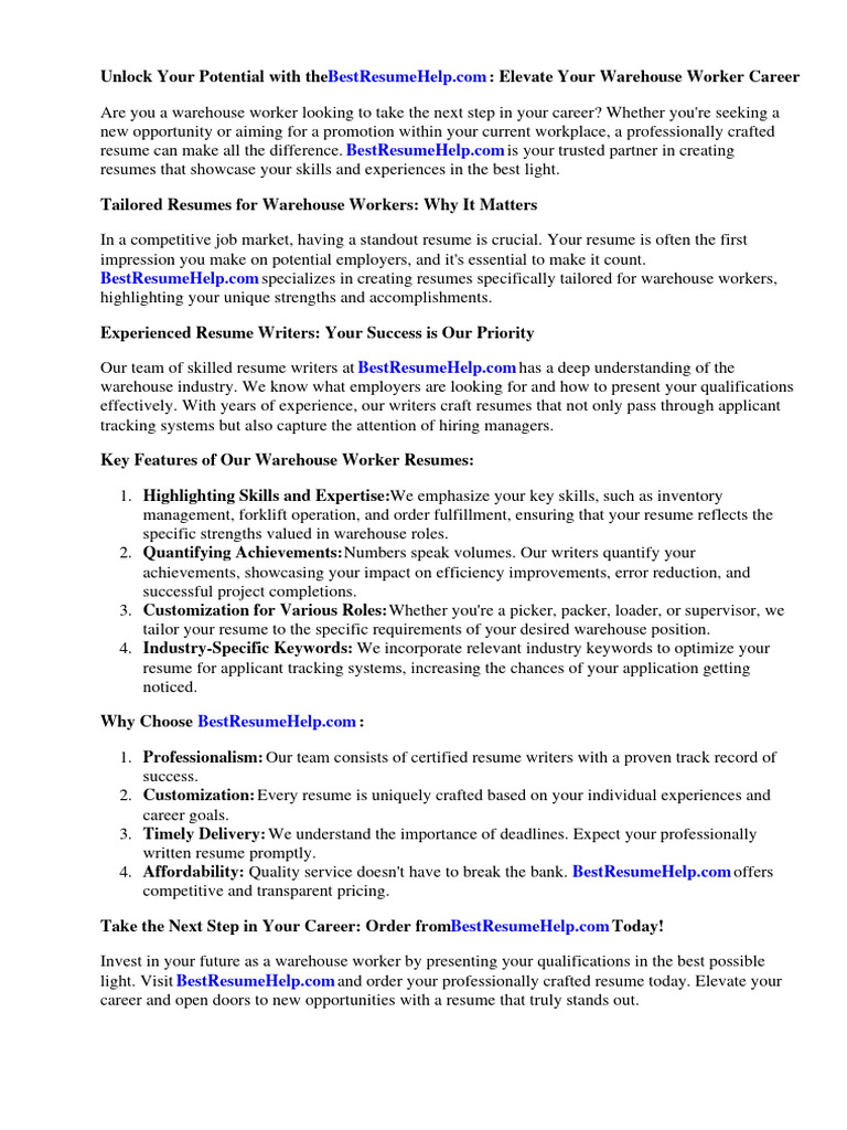 Warehouse Worker Resume Sample | Download Free PDF | Warehouse | Résumé
