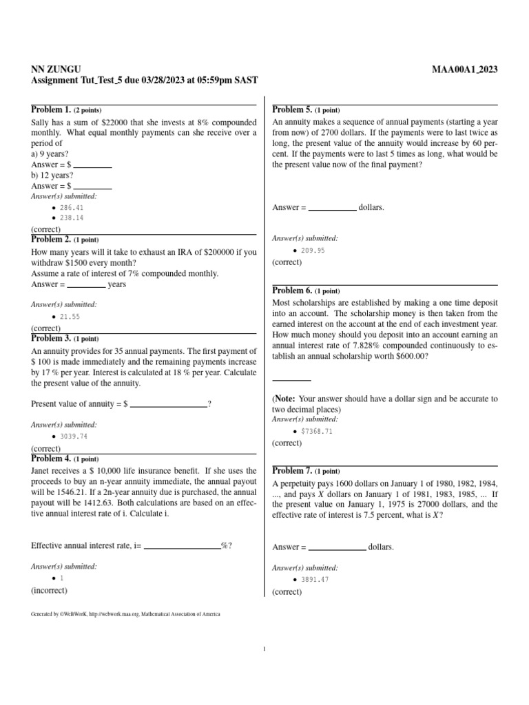 MAA00A1_2023.223209863.Tut_Test_5 | PDF | Present Value | Interest