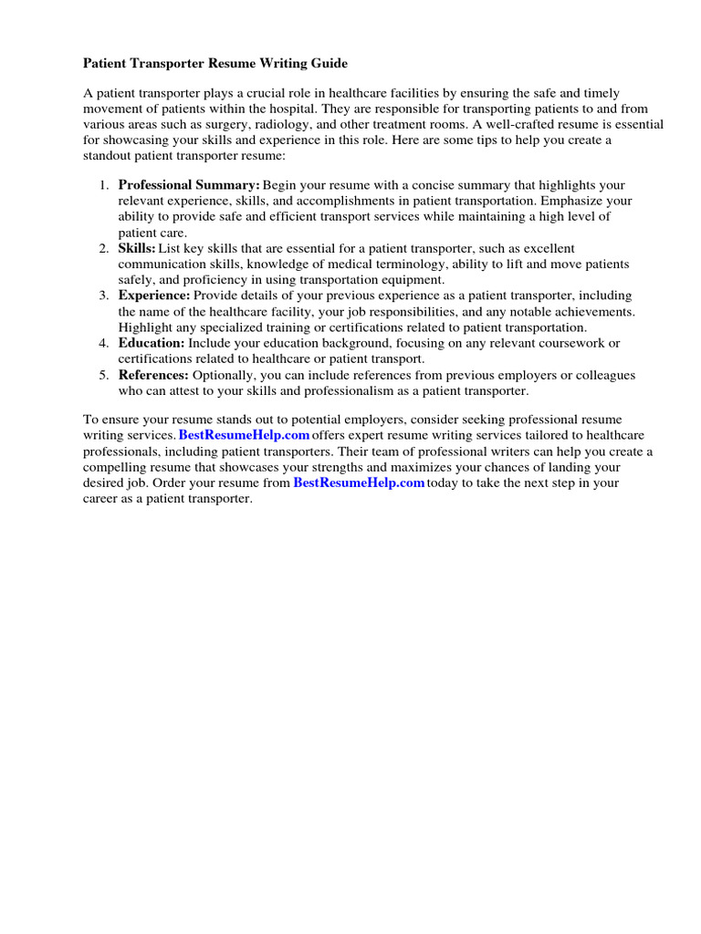 Patient Transporter Resume Tips | PDF | Patient | Health Care