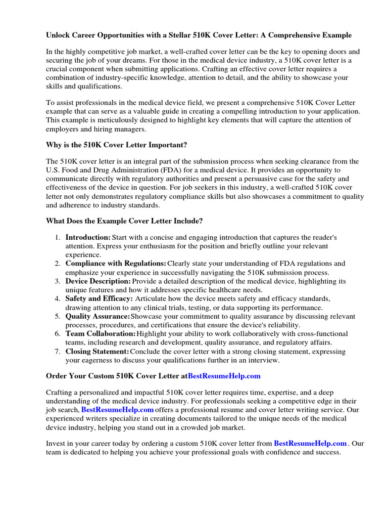 510K Cover Letter Example | PDF | Federal Food | Food And Drug ...