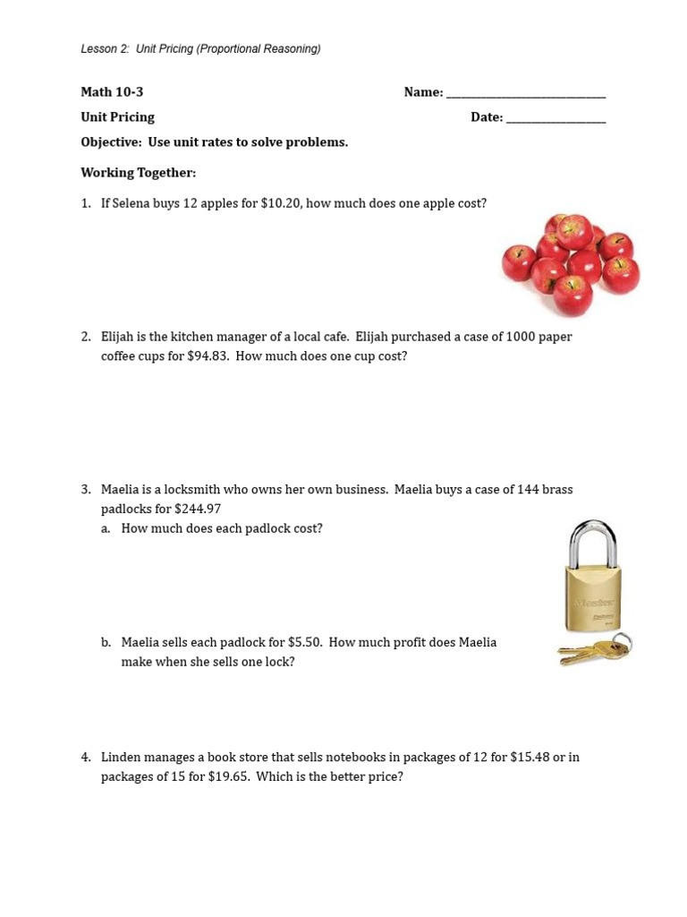 Unit Pricing Problems for Math 10-3 | PDF | Cooking, Food & Wine | Art