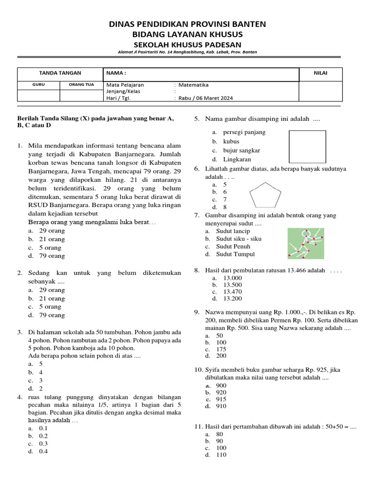 PTS Matematika Kelas Ix SMPLB B Sem 2 Tahun 2024 | PDF