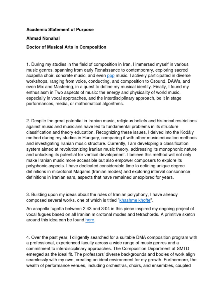 Academic Statement of Purpose | PDF | Choir | Music Theory