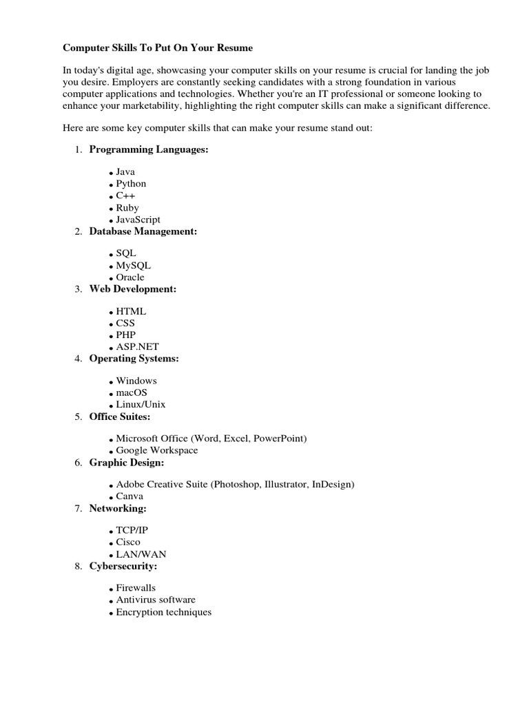 Computer Skills To Put On Resume | PDF | Résumé | Computer Programming