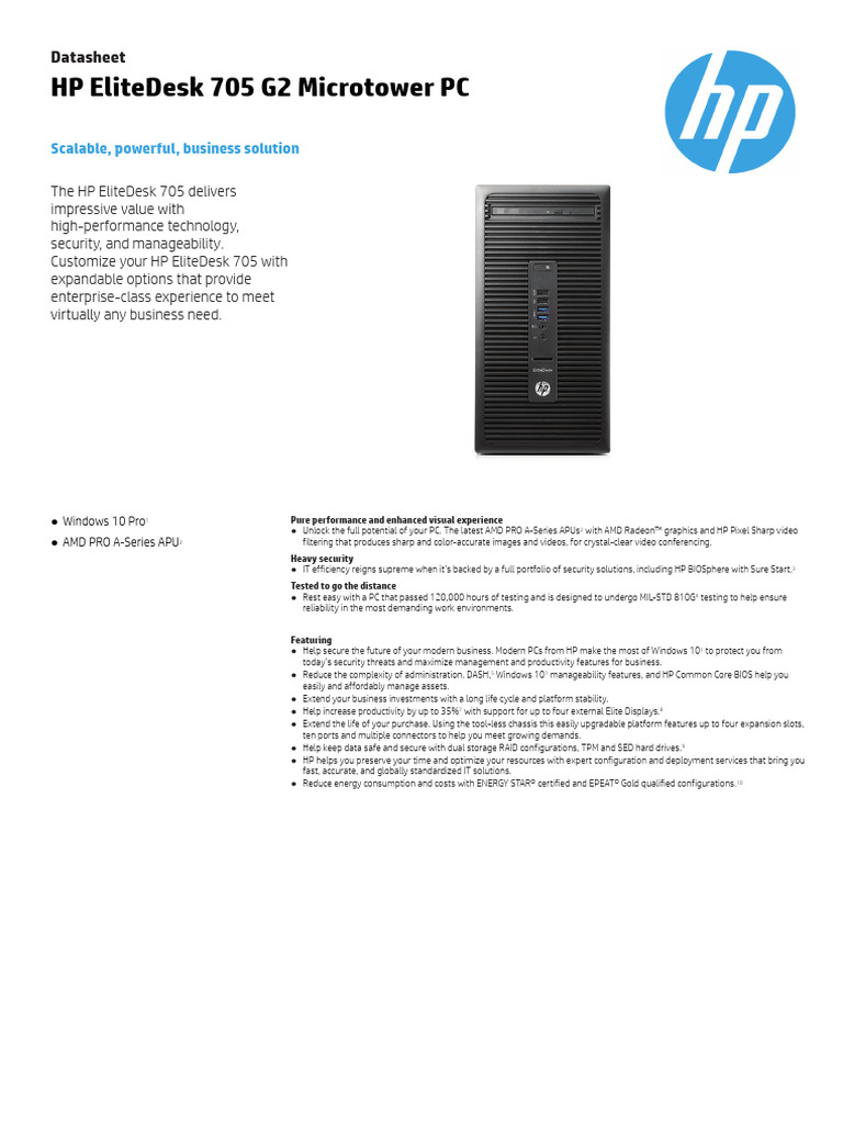 HP Elitedesk 705 g2 Tower Specs-63847845-12658015 | PDF | Blu Ray | Windows 10