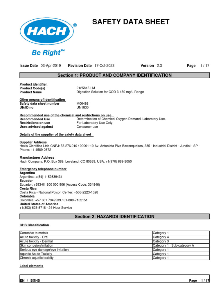 XM_XELINC_HACH_HS_DQO BAJO RANGO _I | PDF | Toxicity | Chemical Substances