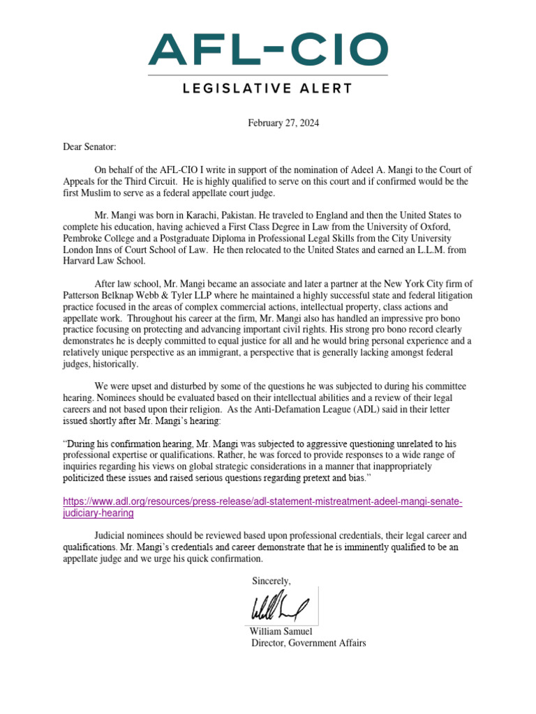 AFL-CIO Letter in Support of Adeel Mangi | PDF | Judge | Appeal