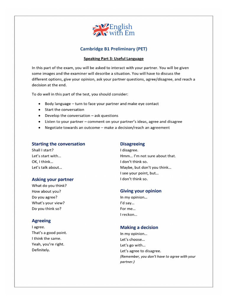 PET Speaking Part 3 - Useful Language | PDF