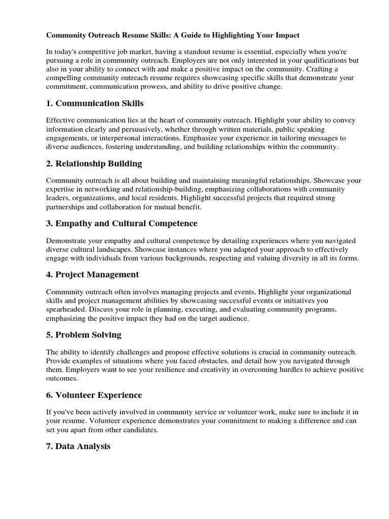 Community Outreach Resume Skills | PDF