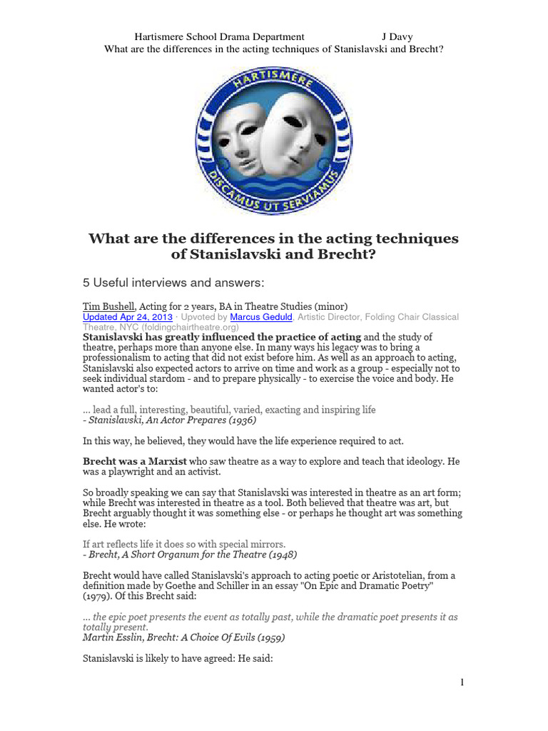 Stanislavski vs. Brecht: Acting Techniques | PDF | Theatre | Oral ...