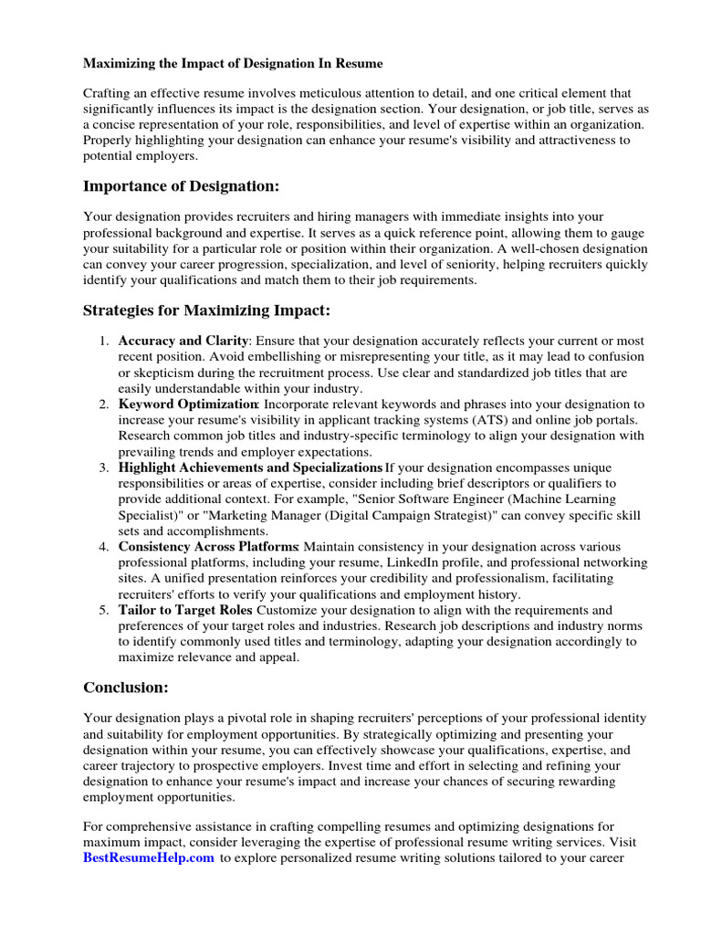 Designation in Resume | Download Free PDF | Résumé | Recruitment