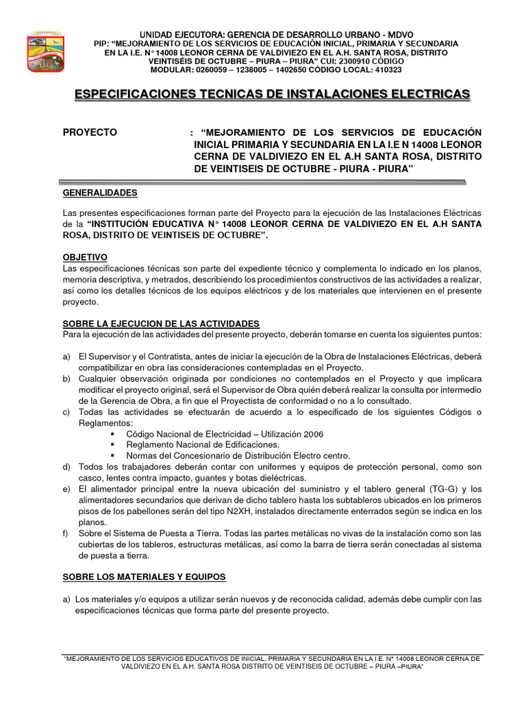 Especificaciones Tecnicas Instalaciones Electricas de Ie 14008 | PDF | Hormigón | Tornillo