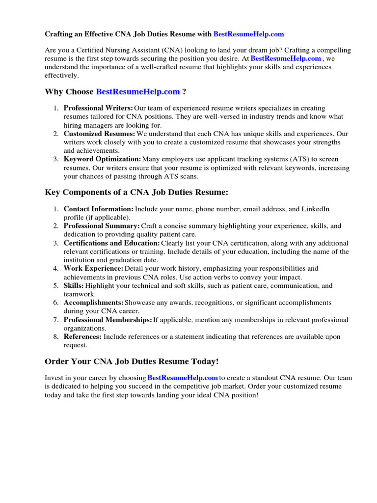 Cna Job Duties Resume | Download Free PDF | Résumé | Nursing