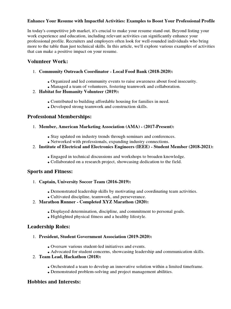 Examples of Activities To Put On A Resume | PDF