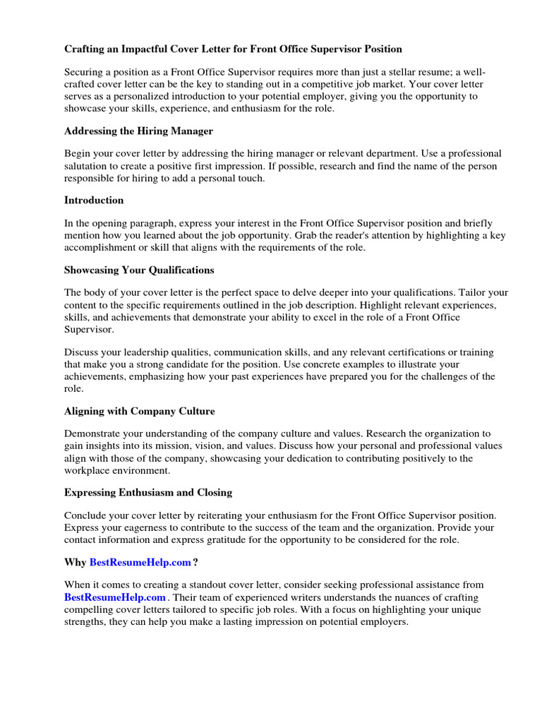 Cover Letter For Front Office Supervisor | PDF | Leadership | Experience
