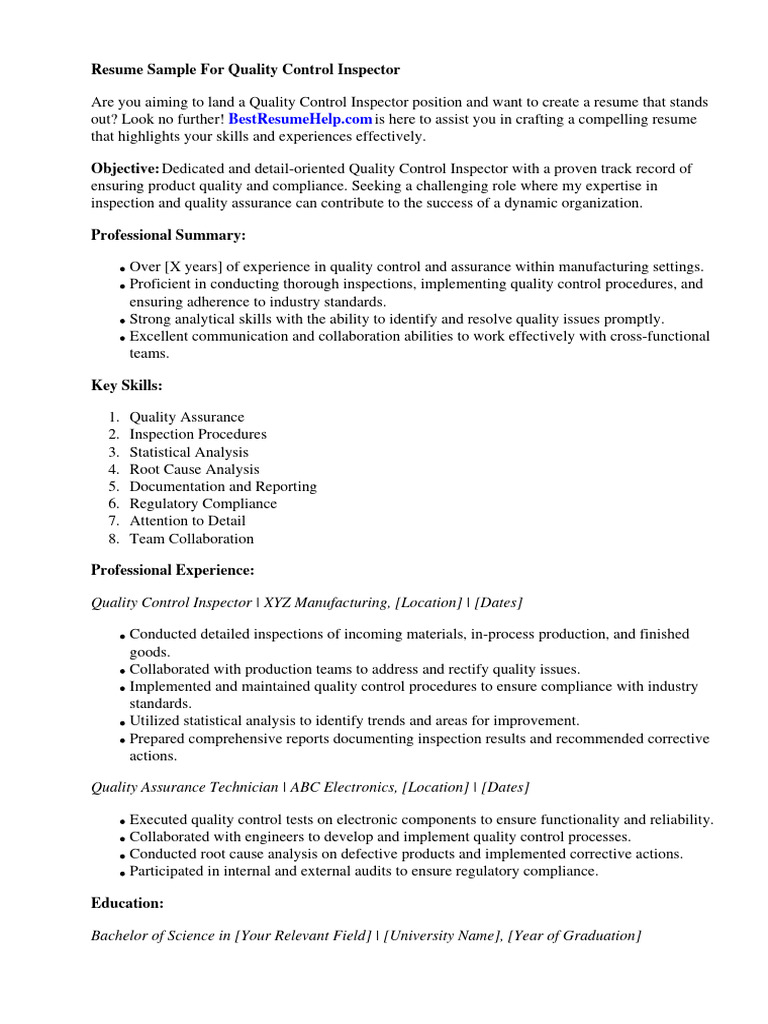 Resume Sample For Quality Control Inspector | Download Free PDF ...