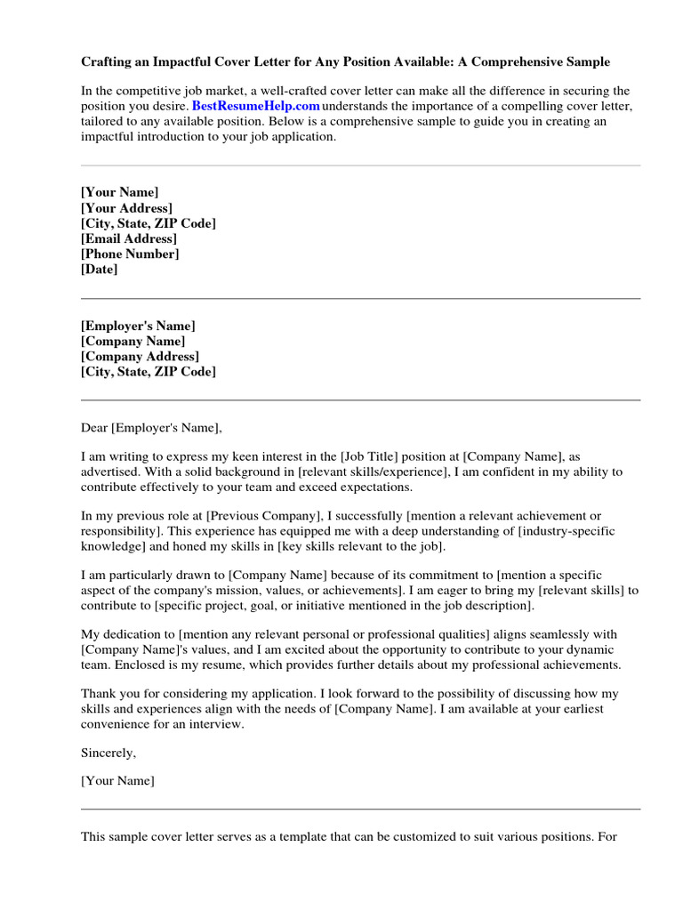 Cover Letter Any Position Available Sample | PDF | Résumé