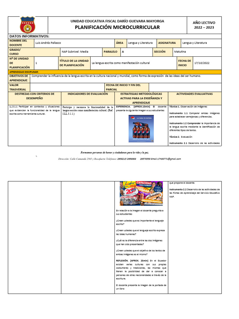 Planificación Microcurricular Lengua y Literatura Caso 4 y Caso 5 | PDF | Evaluación | Aprendizaje