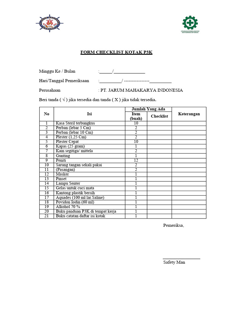 Form Checklist Kotak p3k | PDF
