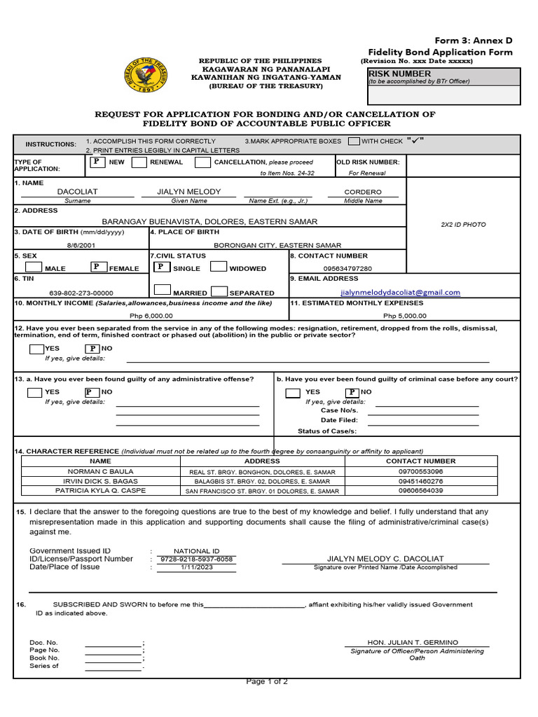 Fidelity Bond Application Form FBAF | PDF