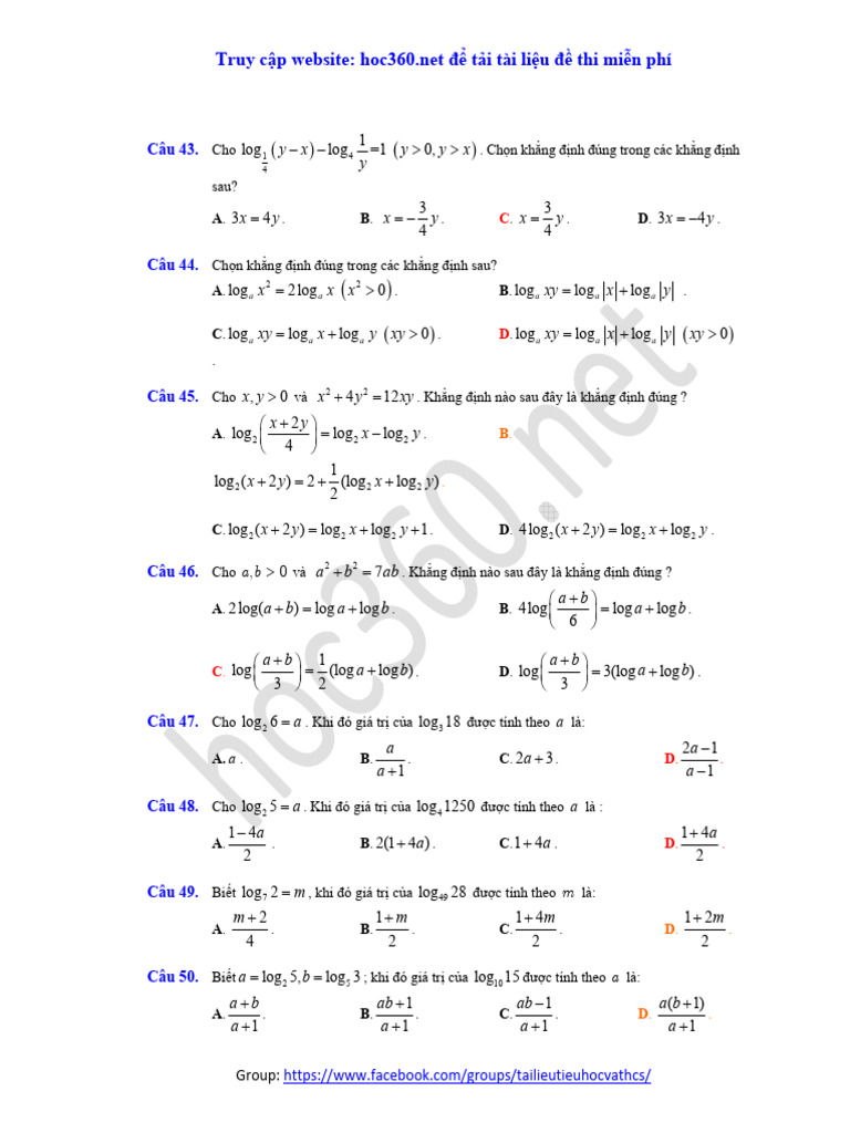 Bài tập trắc nghiệm Logarit 2 | PDF
