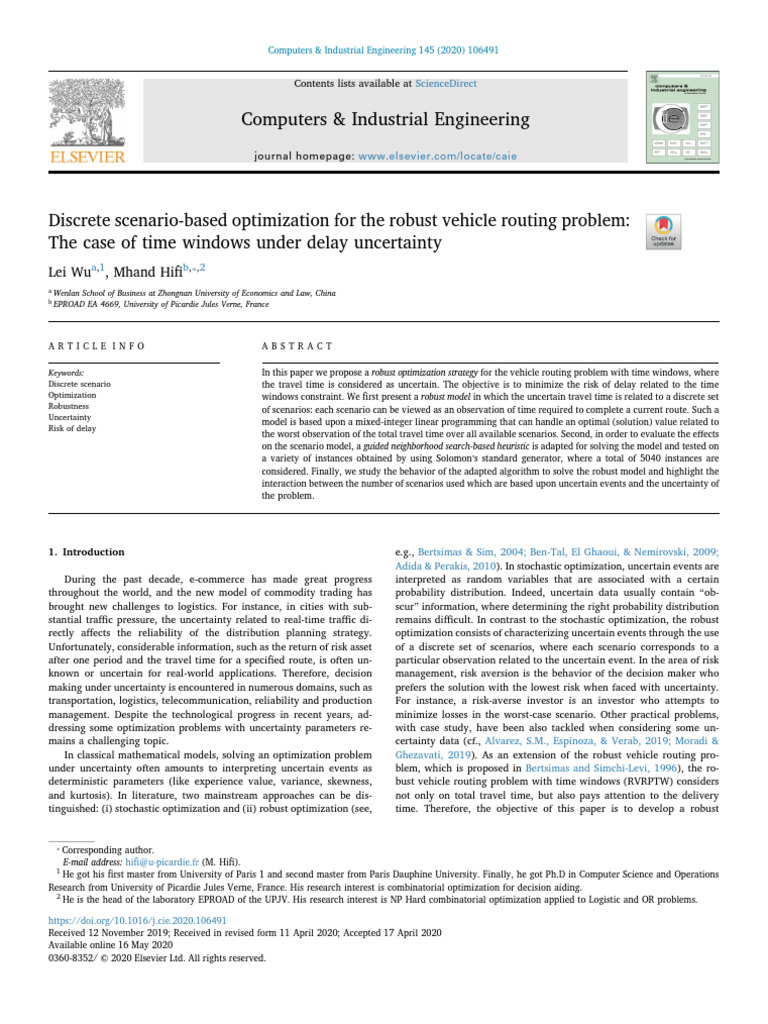 Discrete Scenario-Based Optimization For The Robust Vehicle Routing Problem | PDF | Mathematical ...