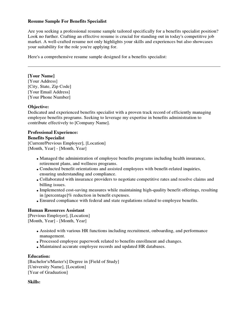 Resume Sample for Benefits Specialist | PDF | Employment | Payroll