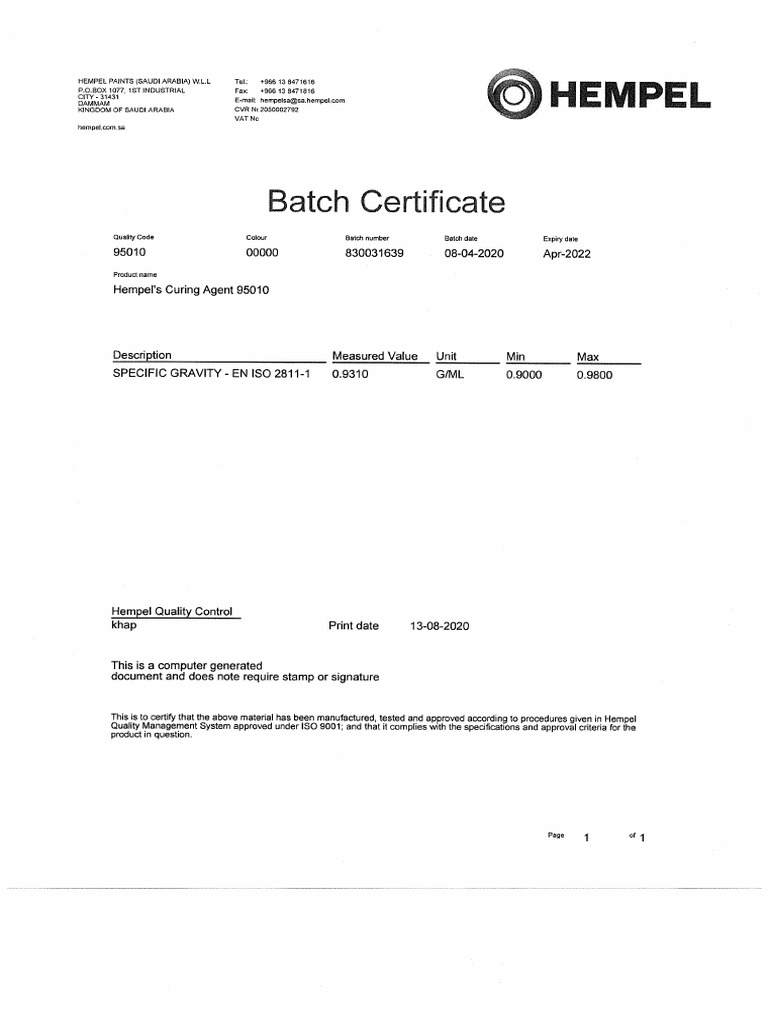 Hempel's Curing Agent 95010 00000 - 830031639 | PDF