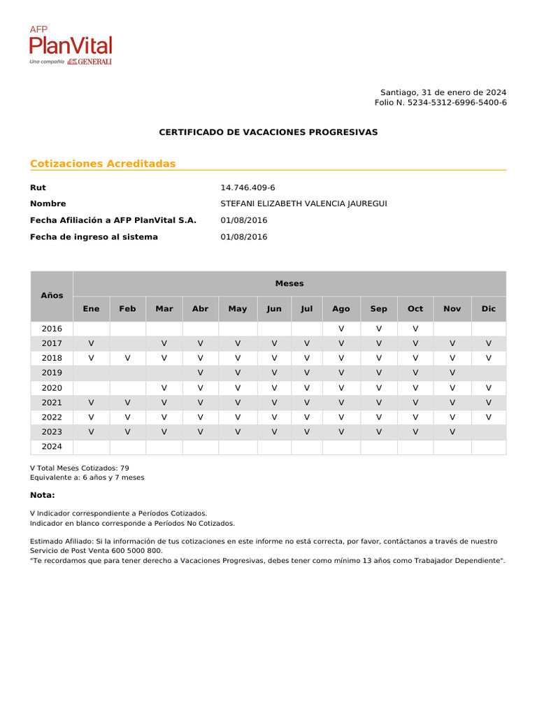 Cotizaciones Acreditadas: Certificado de Vacaciones Progresivas | PDF