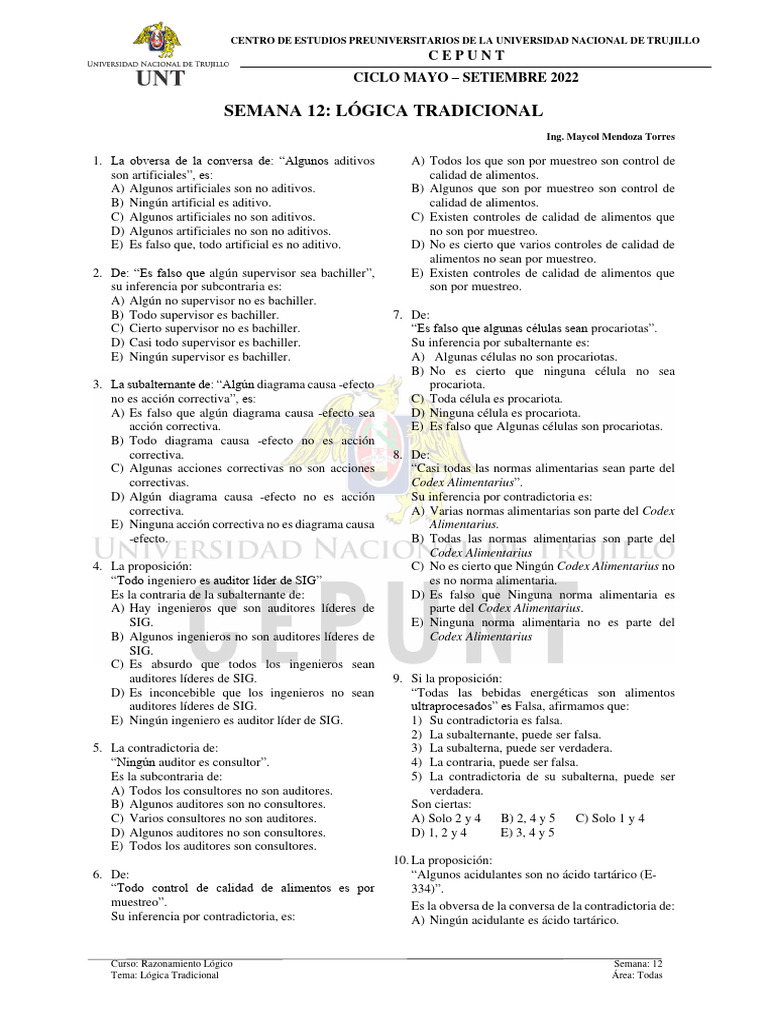 SEMANA 12 - Logica Tradicional - 2022-II | PDF | Cloruro de polivinilo | Proposición