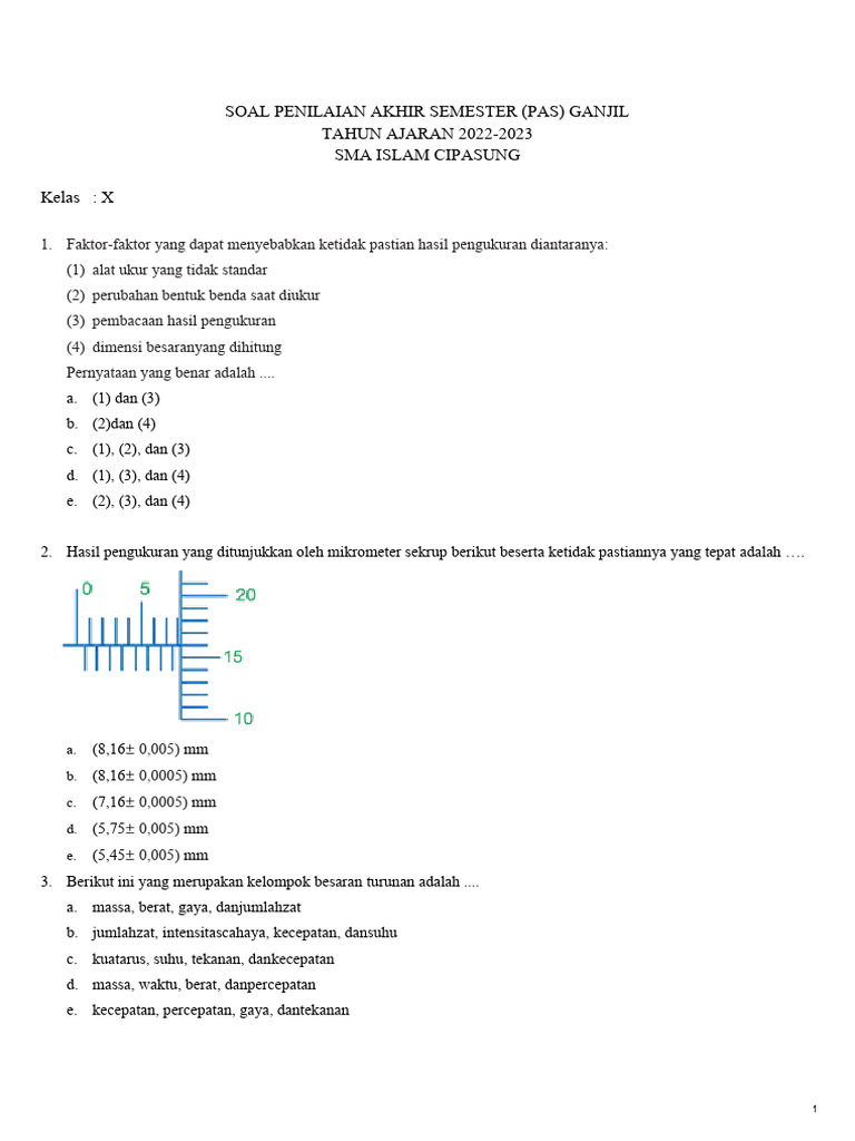 Soal PAS Fisika Kelas X Ganjil 2022 - 2023 | PDF