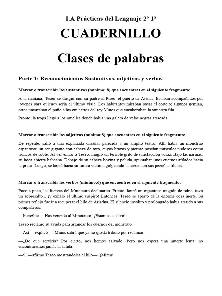 Cuadernillo Clases de palabras IMPRIMIR.docx | PDF | Verbo | Sustantivo