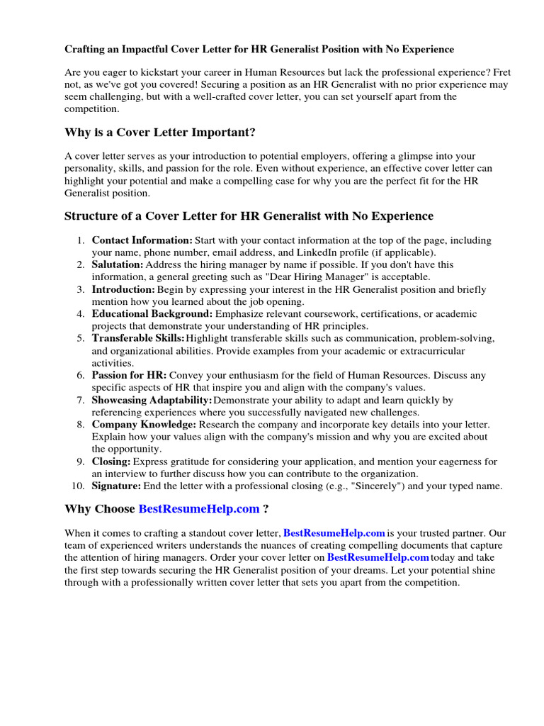 Cover Letter for Hr Generalist With No Experience | PDF | Human ... Cover Letter for Hr Generalist With No Experience | PDF | Human ...