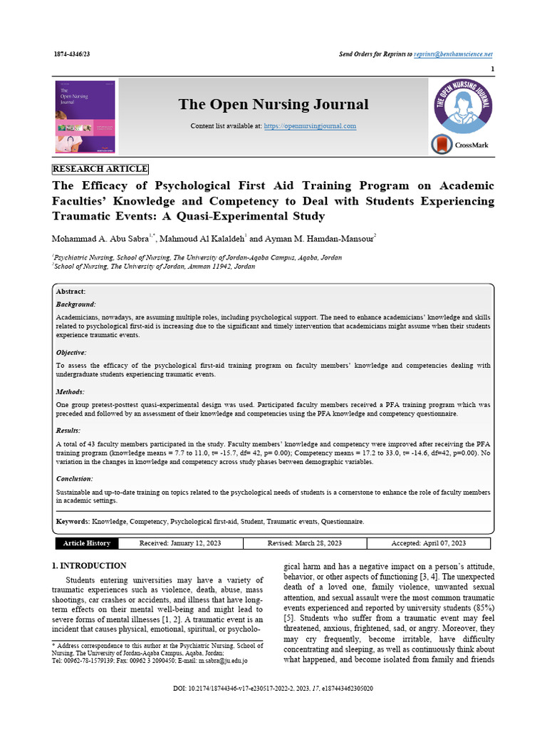 The Efficacy Of Psychological First Aid Training P Pdf