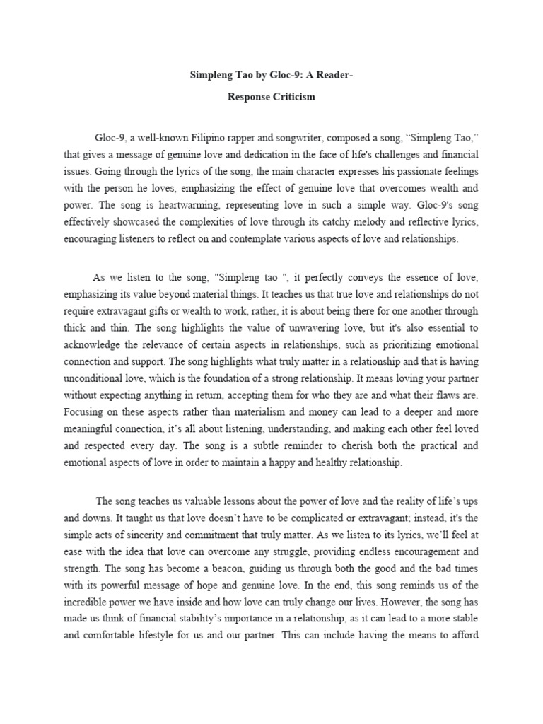 Simpleng Tao by Gloc 9 A Reader Response Criticism Two | PDF | Love ...