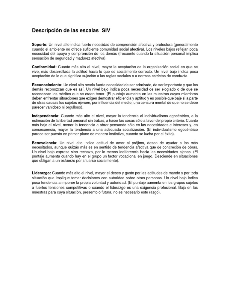 Descripción de Las Escalas SIV | PDF | Liderazgo | Conceptos psicologicos