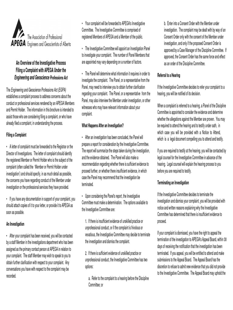 APEGA Complaint Investigation Guide | PDF | Complaint | Justice